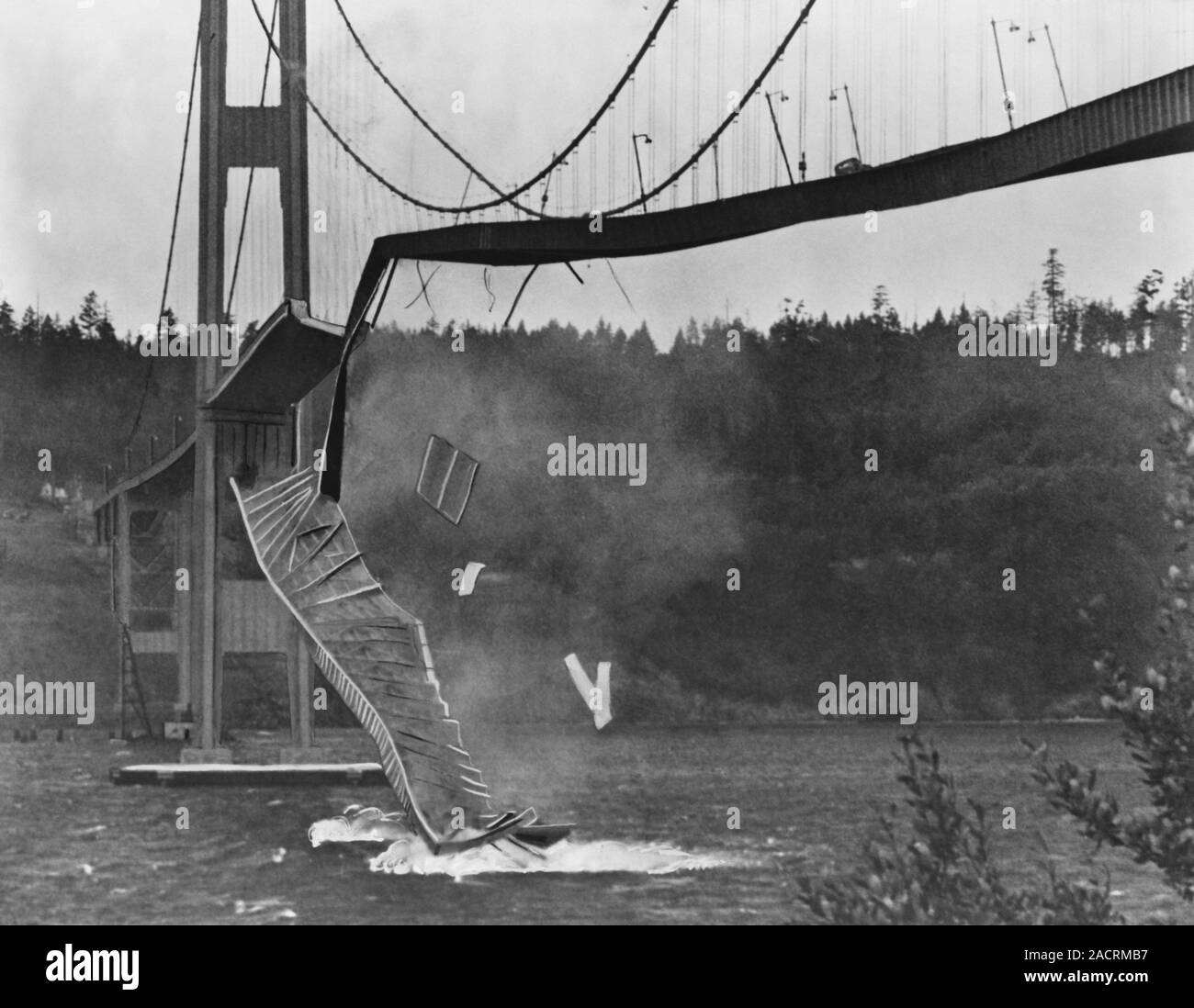 Tacoma Narrows Bridge collapse. This road suspension bridge spanned ...
