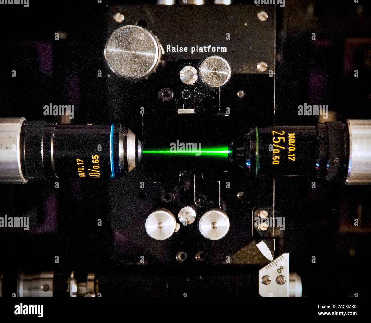 Optoelectronics research. Laser (green beam) being used in ...