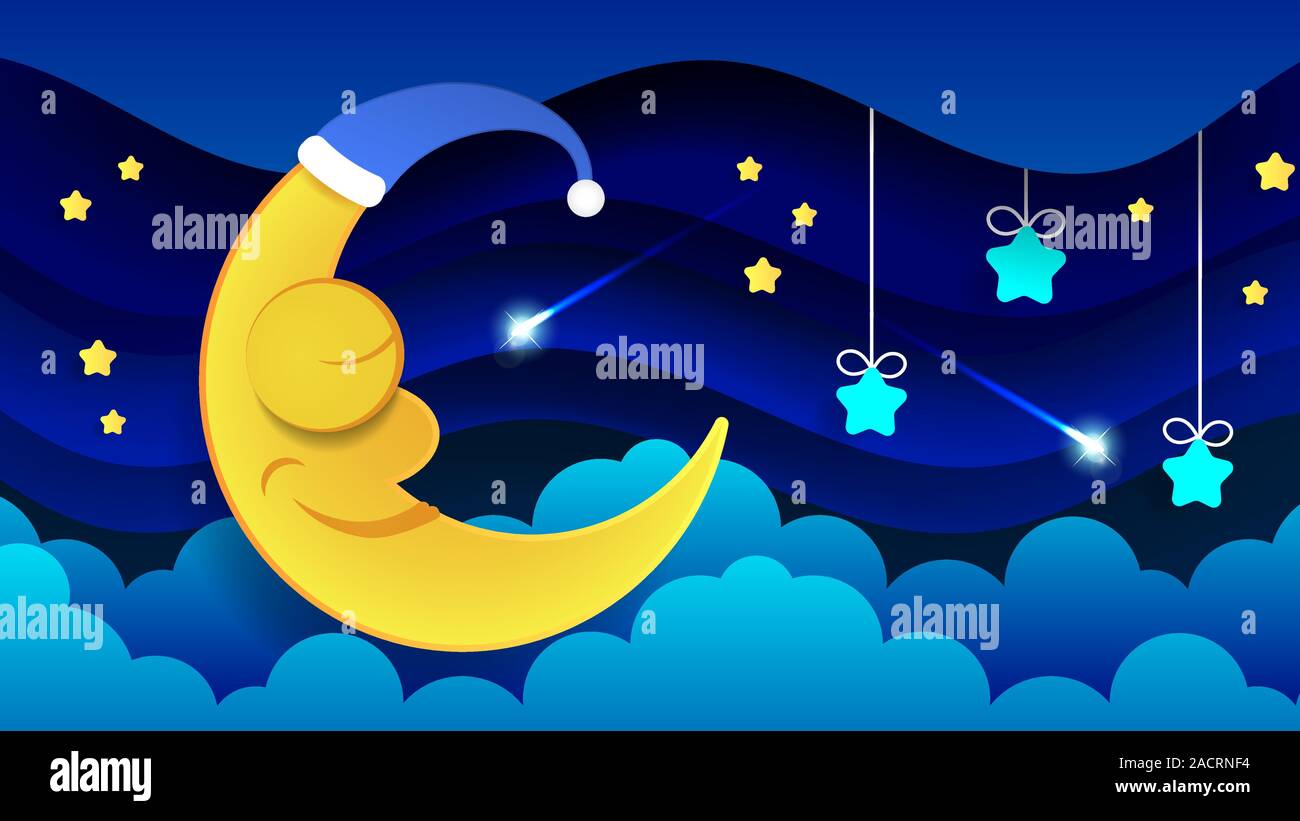 Cute Cartoon Moon In The Night Sky. Sleeping Moon Good Night Children ...