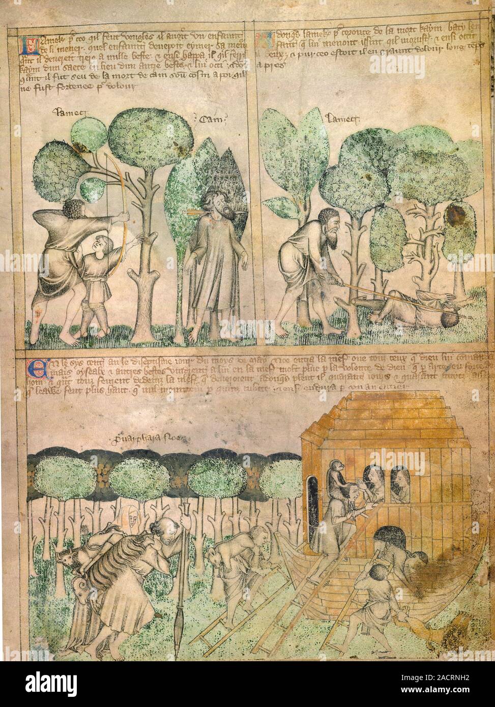 Death of Cain; entering the ark, Whole folio Three scenes. Lamech kills ...