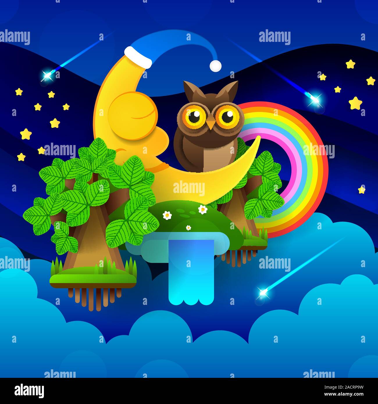 Cute Cartoon Moon In The Night Sky. Sleeping Moon Good Night Children ...