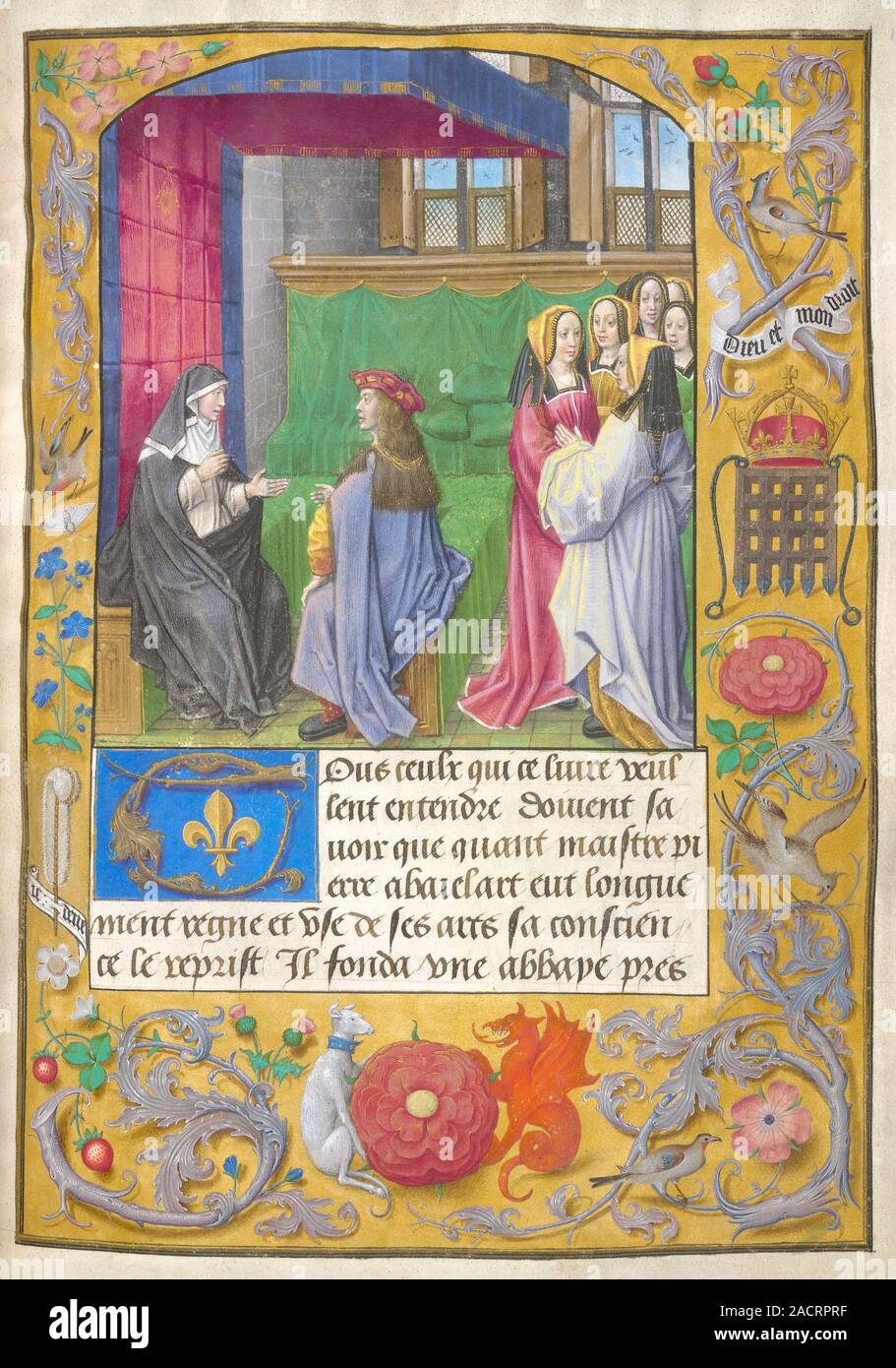 Abbess and pupil seated a group of ladies listening; full borders of ...