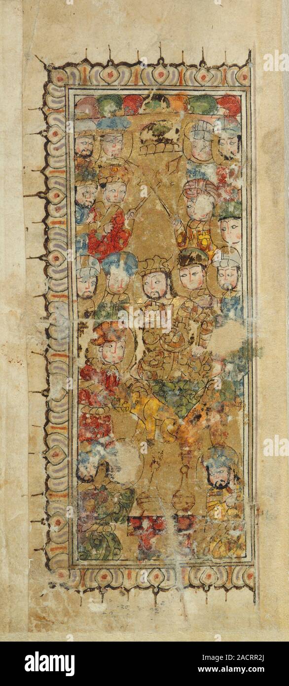 A king enthroned surrounded by courtiers two of whom stand behind him ...