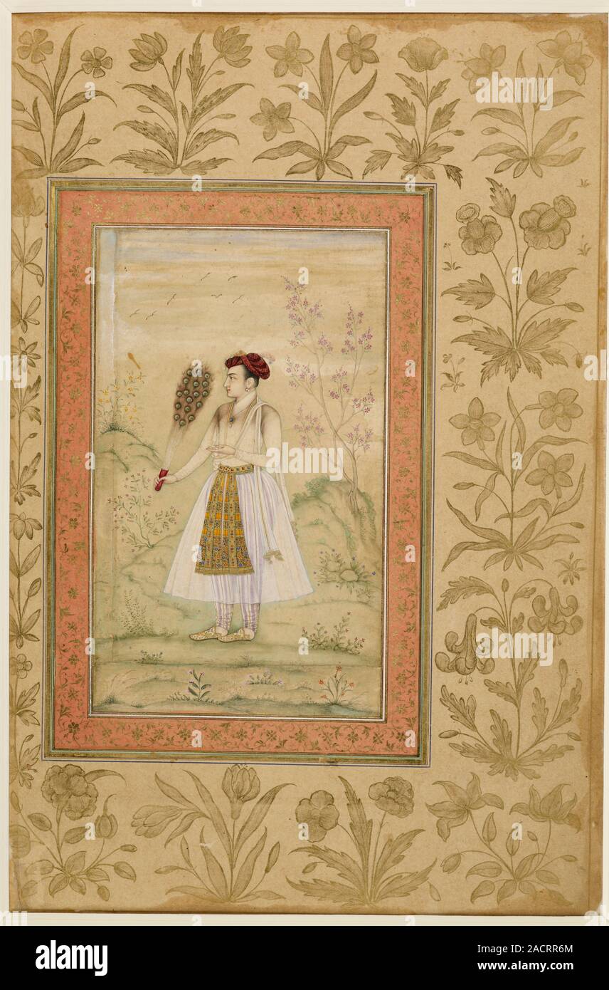 A prince facing left stands holding a peacock-feather 'morchal'. Opaque ...