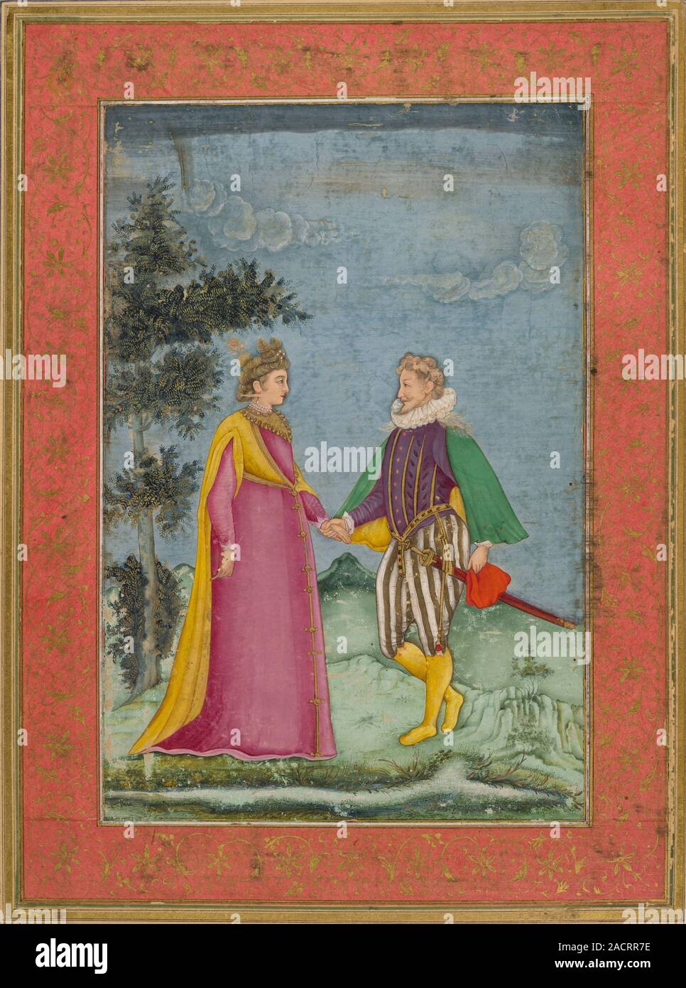 A European gentleman and lady dressed in Elizabethan costume stand ...