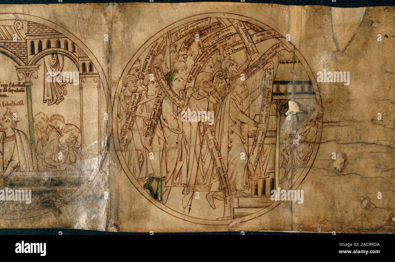 Roundel 18. Benefactors of Crowland Abbey holding scrolls beside ...