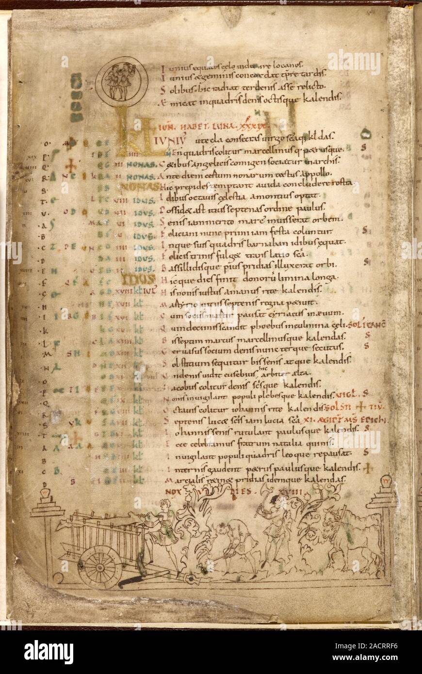 Cutting wood Calendar page for June: Farm workers cutting wood and ...