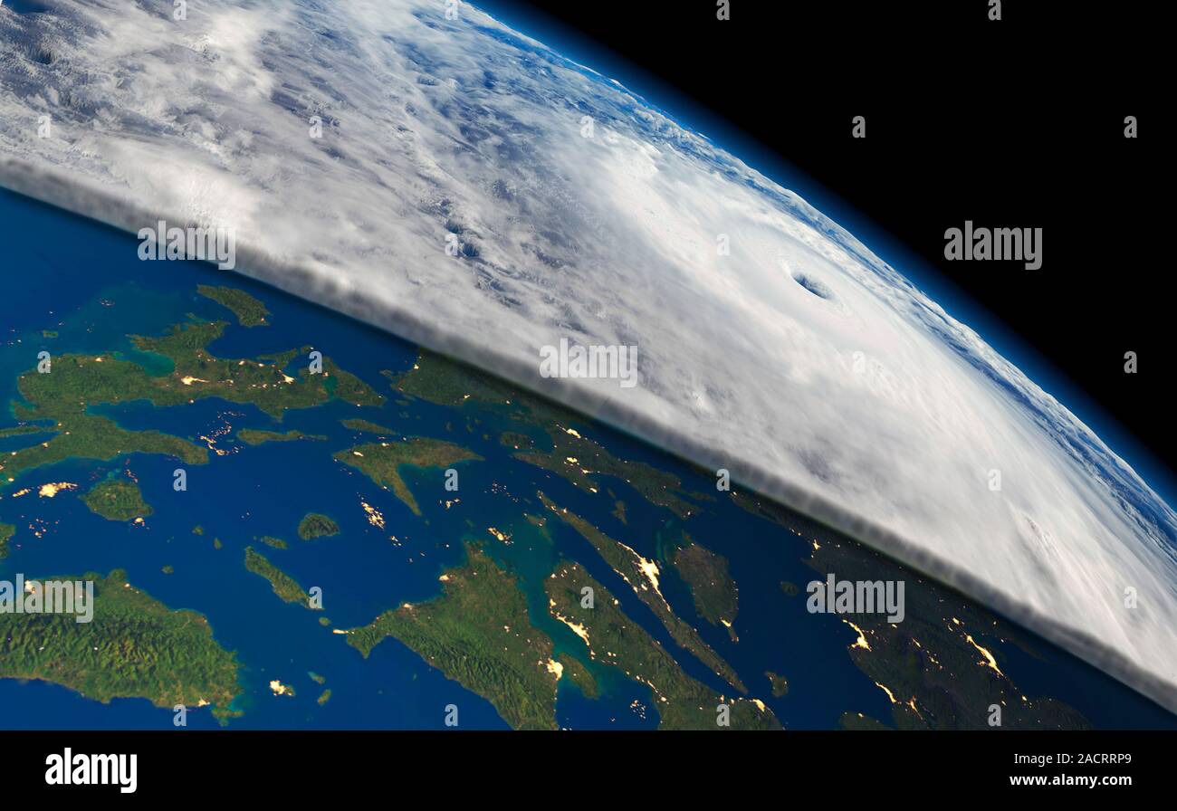 Super typhoon Haiyan. Computer-generated cut-away image of super ...