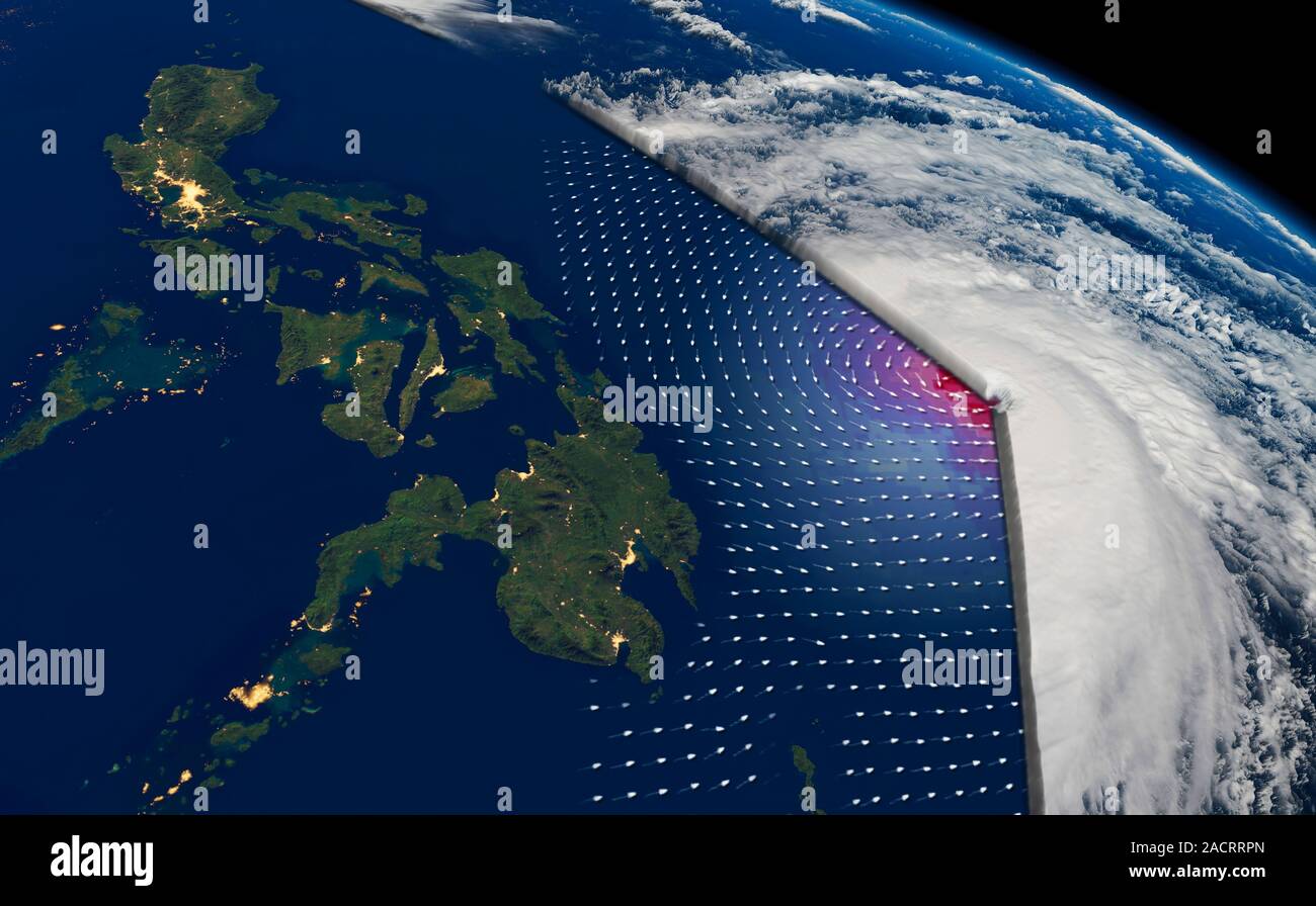 Super typhoon Haiyan. Computer-generated cut-away image of super ...