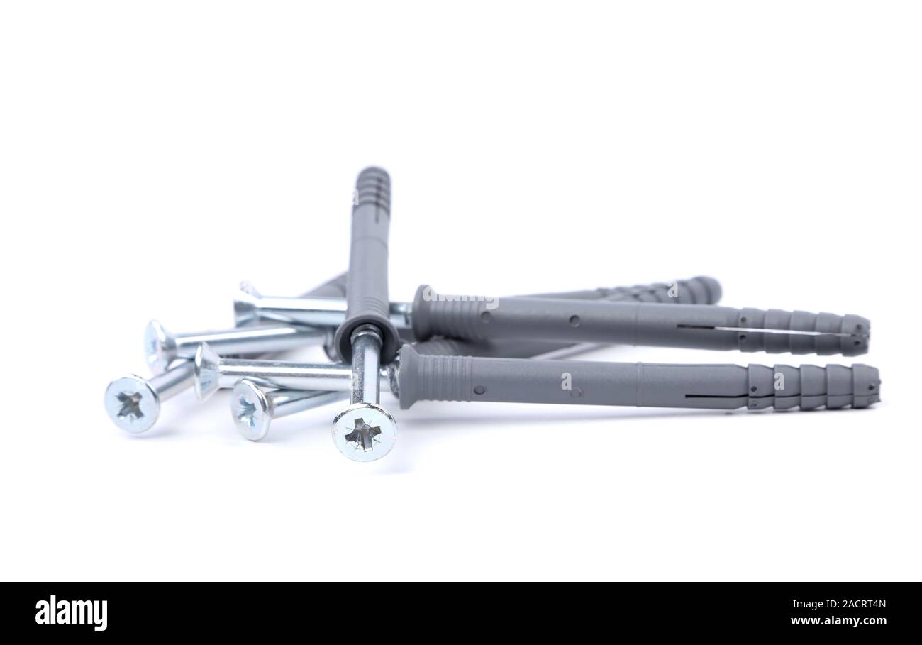 Screws and dowels isolated on white background Stock Photo - Alamy