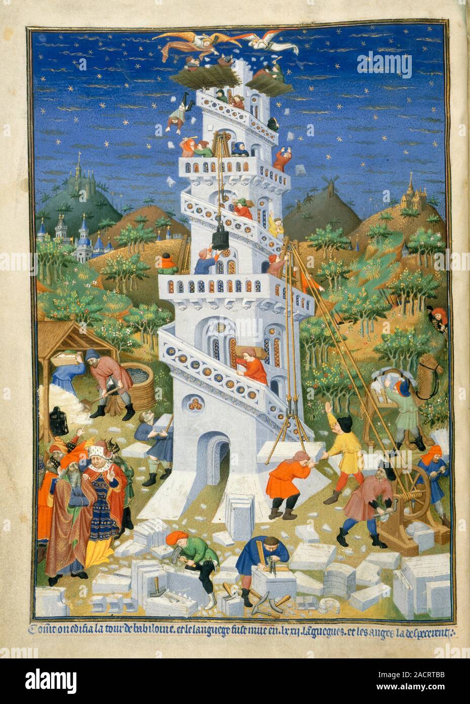 Building of the Tower of Babel Whole folio Old Testament miniature. The ...