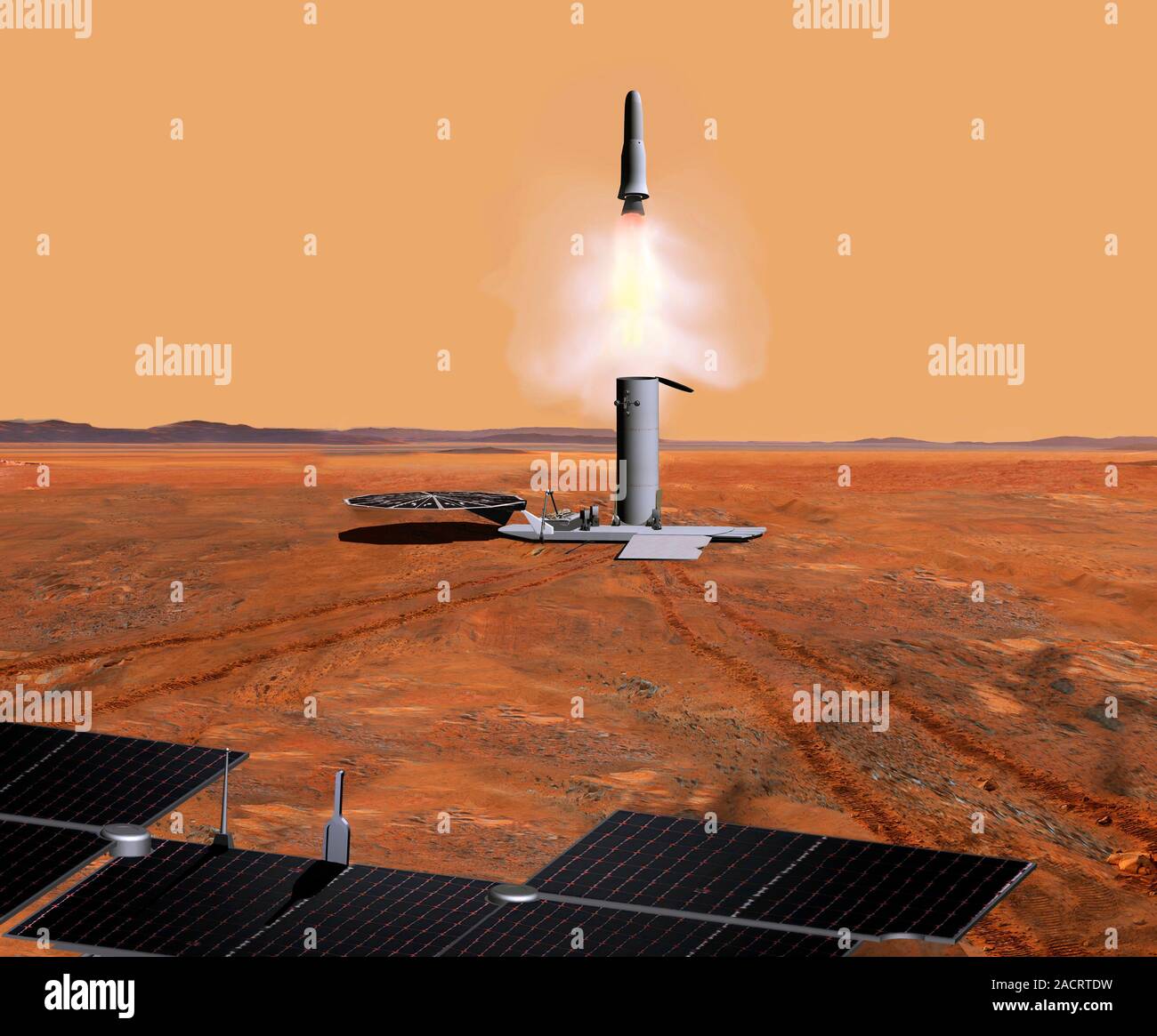 Mars sample return mission. Artwork of an ascent vehicle launching from Mars as part of the ...