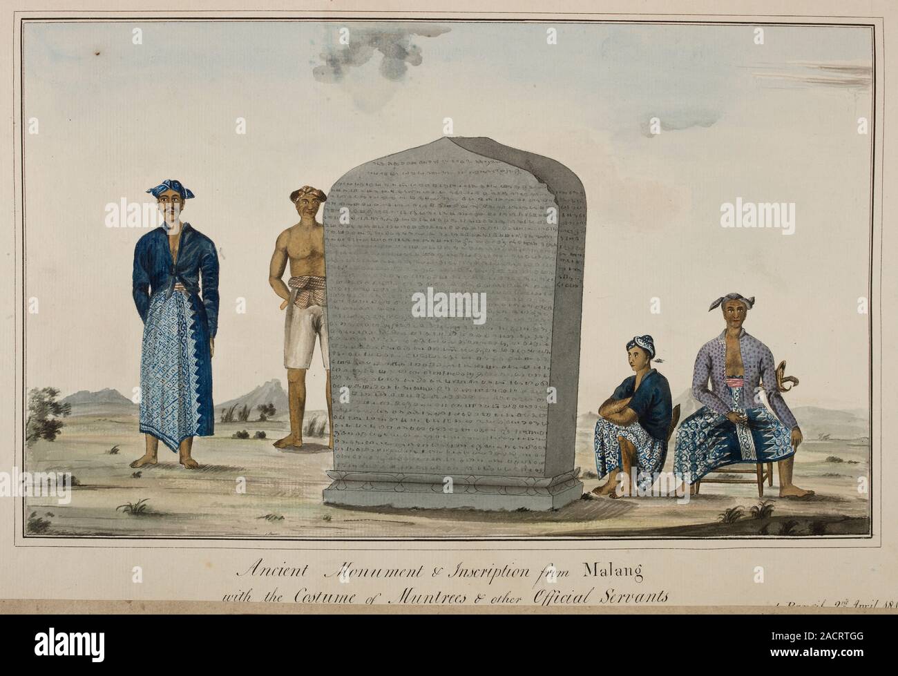 An inscribed stone with officials standing and sitting by Malang East ...