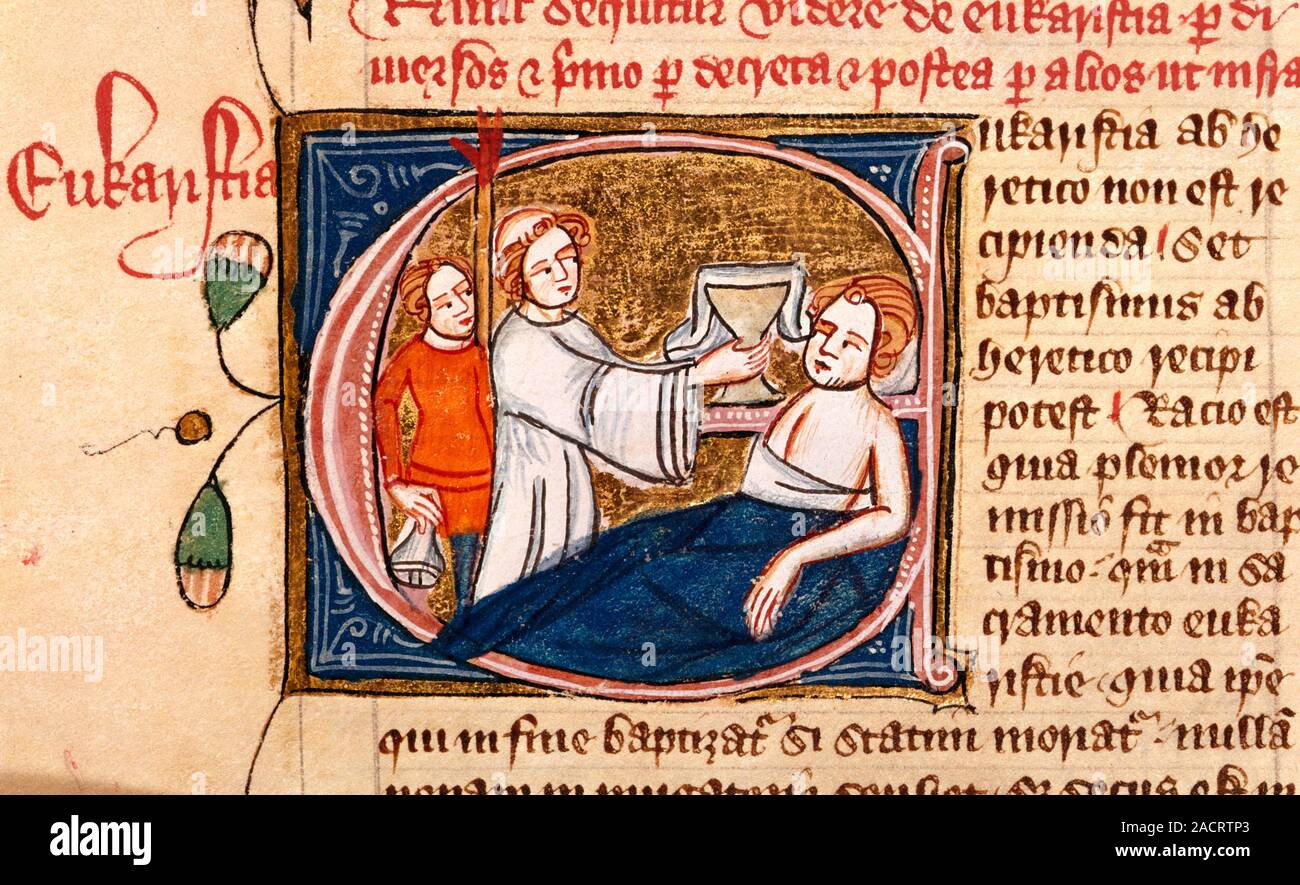 Sick man receiving sacrament (Miniature only) Initial 'E' a priest ...