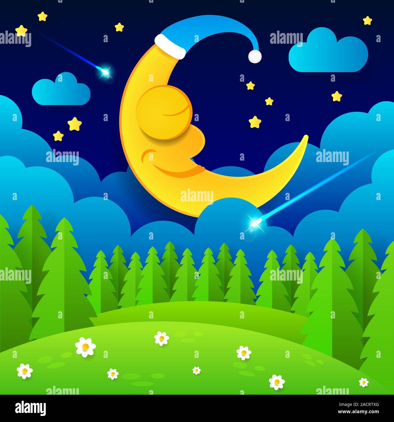 Cute Cartoon Moon In The Night Sky. Sleeping Moon Good Night Children ...