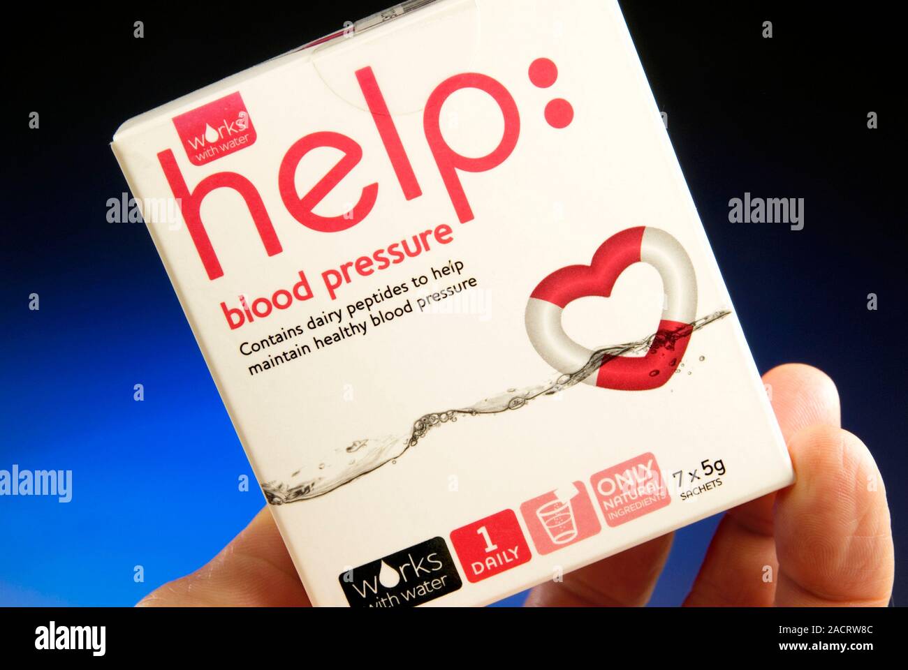 Blood pressure remedy. Box of sachets containing dairy peptides, which ...