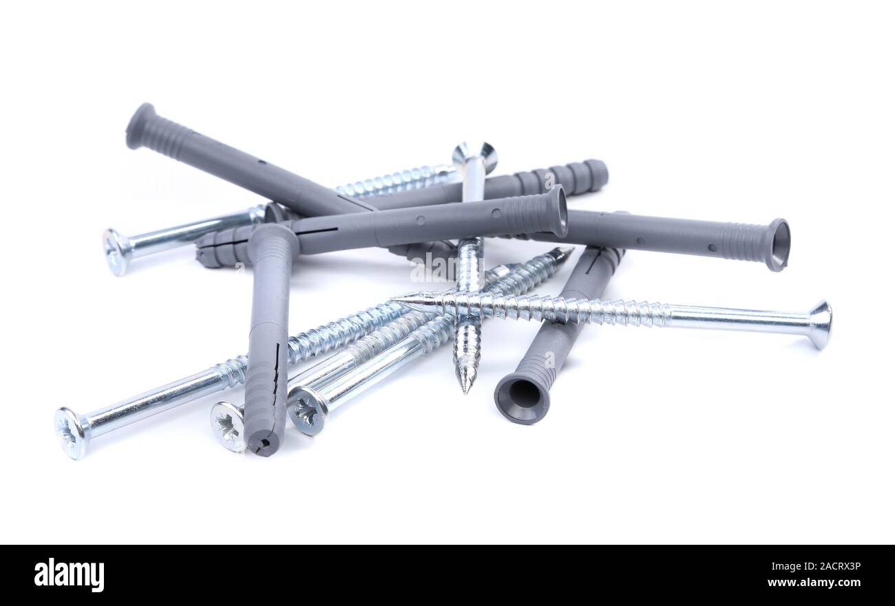 Screws and dowels isolated on white background Stock Photo - Alamy