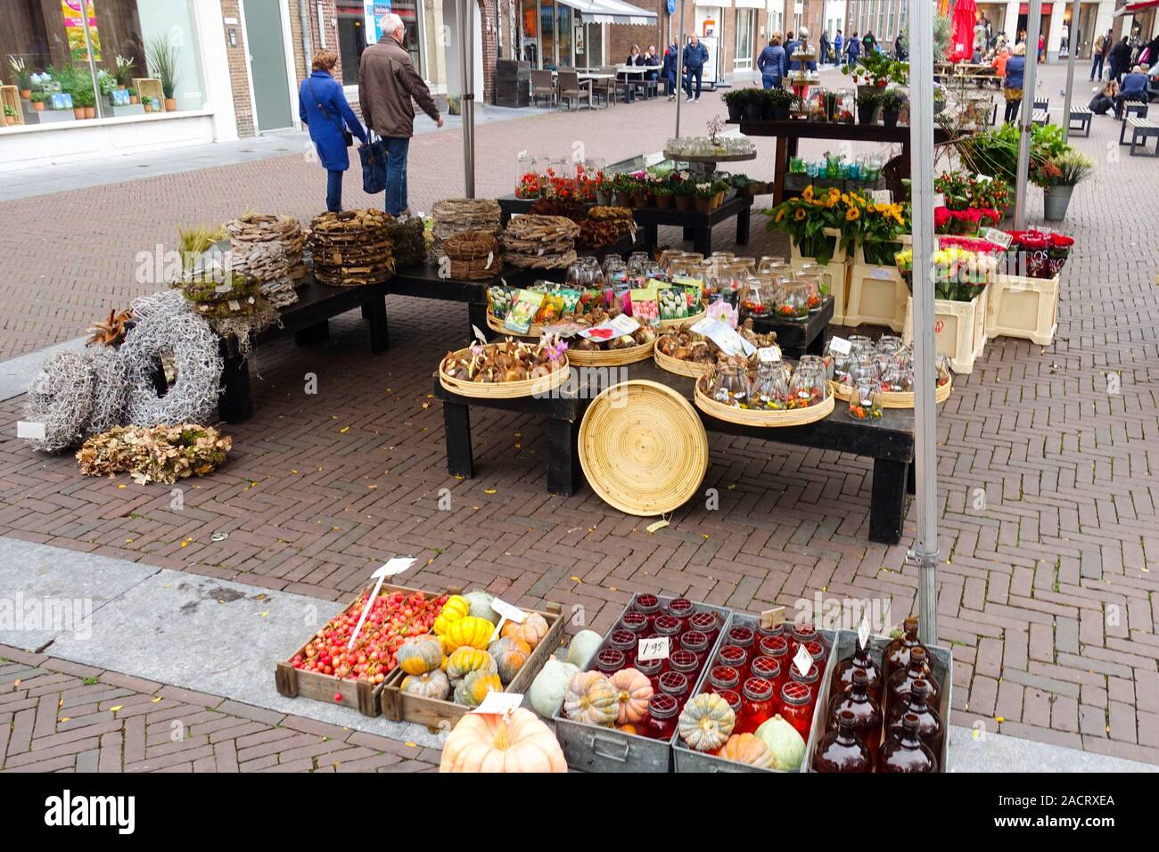 Dried plant displays on an open-air market stall in Middelburg, Zeeland ...