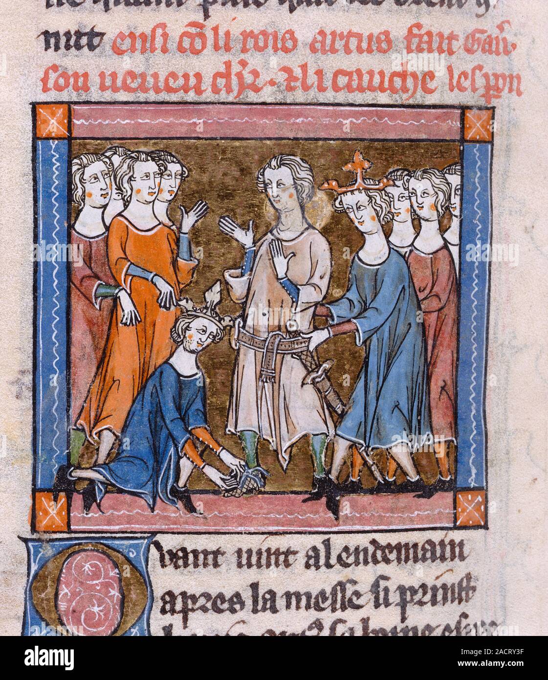 Gawain made a knight Miniature only Gawain made a knight; King Arthur ...