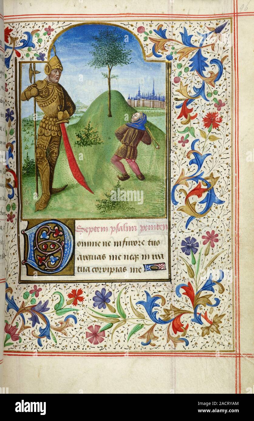 David and Goliath Whole folio Penitential Psalms. David hurls a stone ...
