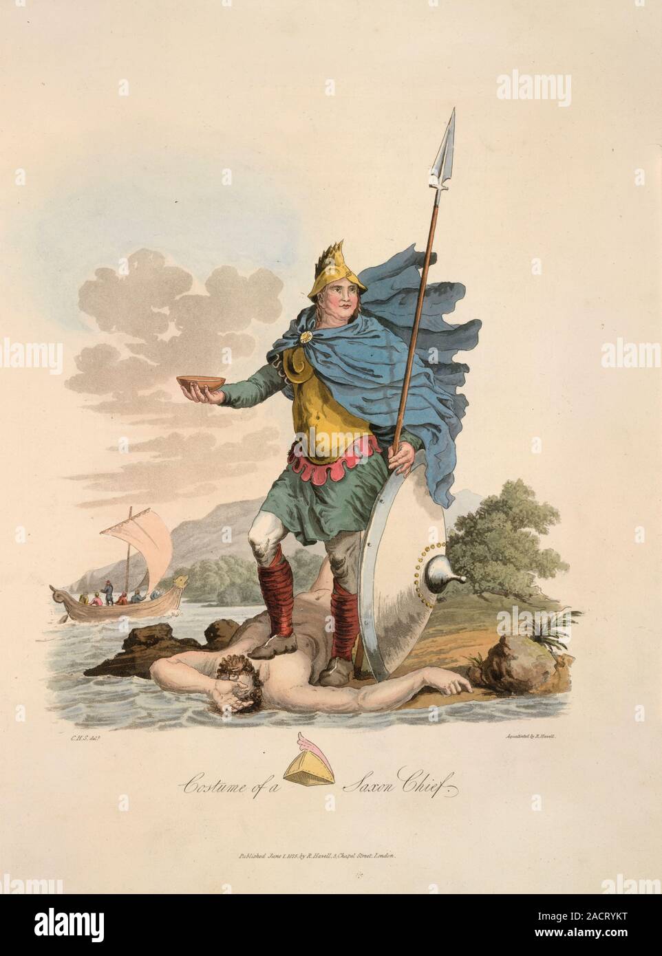 Costume of a pagan Saxon chief. He wears a four-pointed helmet, a ...