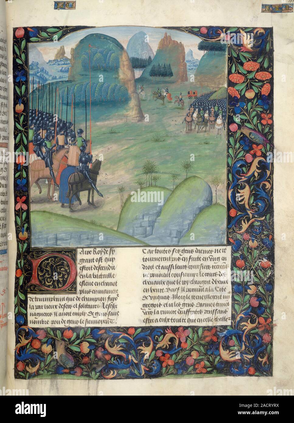 Alexander confronts Darius III, (Whole folio) The army of Alexander the ...