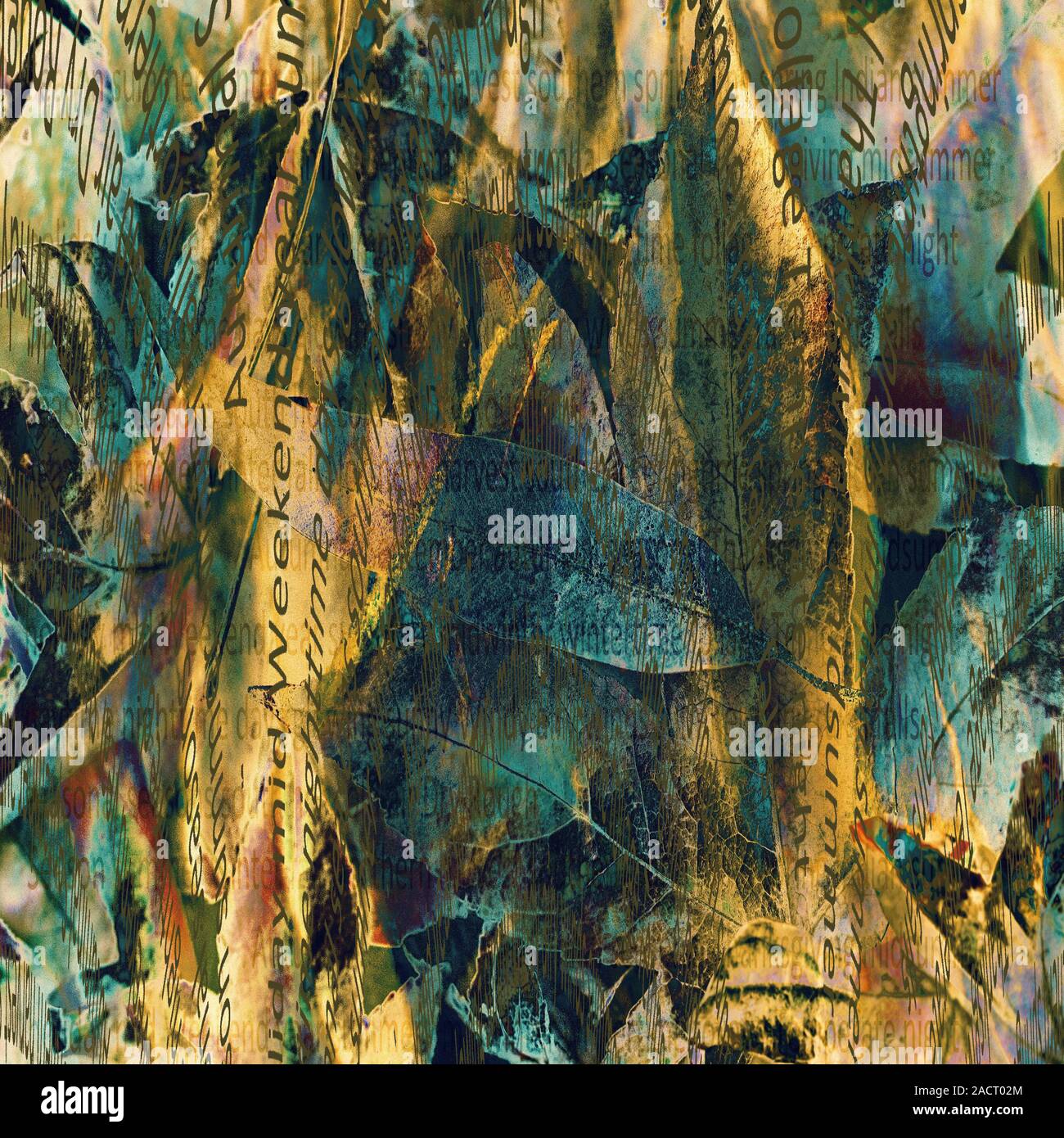 Vintage rustic digital texture. Autumn leaves collage with words ...