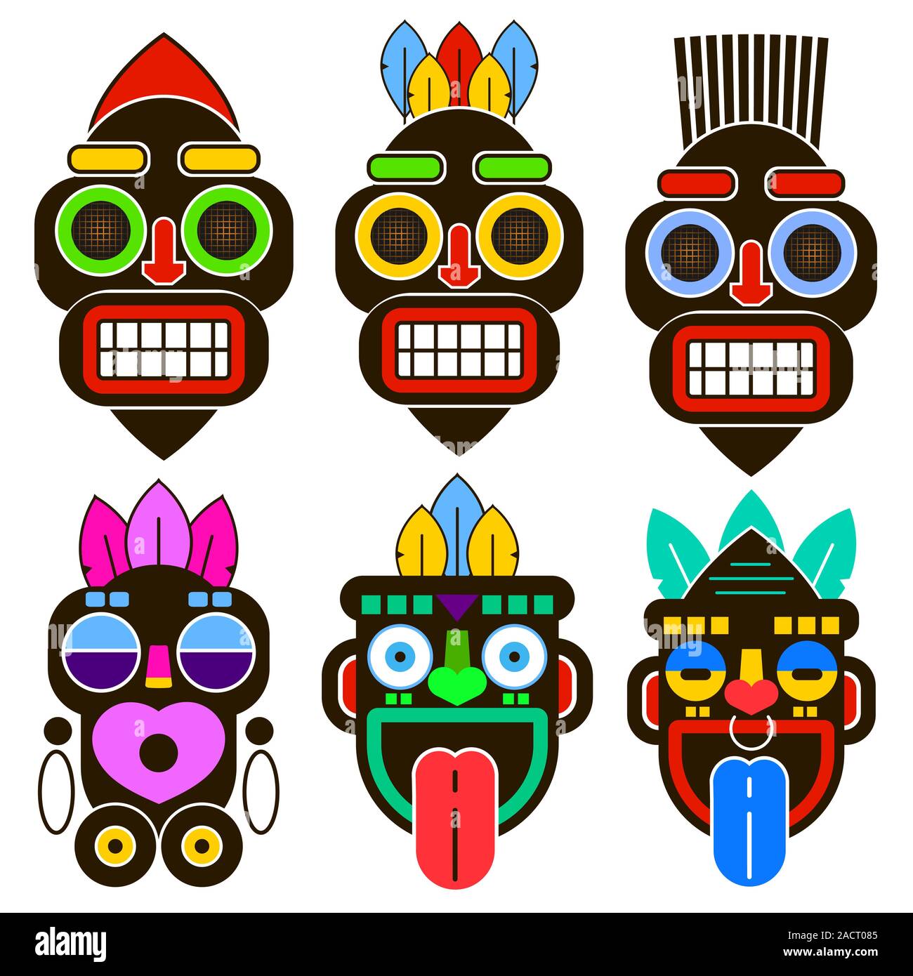 Set Of Tribal African Masks. Isolated On White. Hand Drawn Vector ...