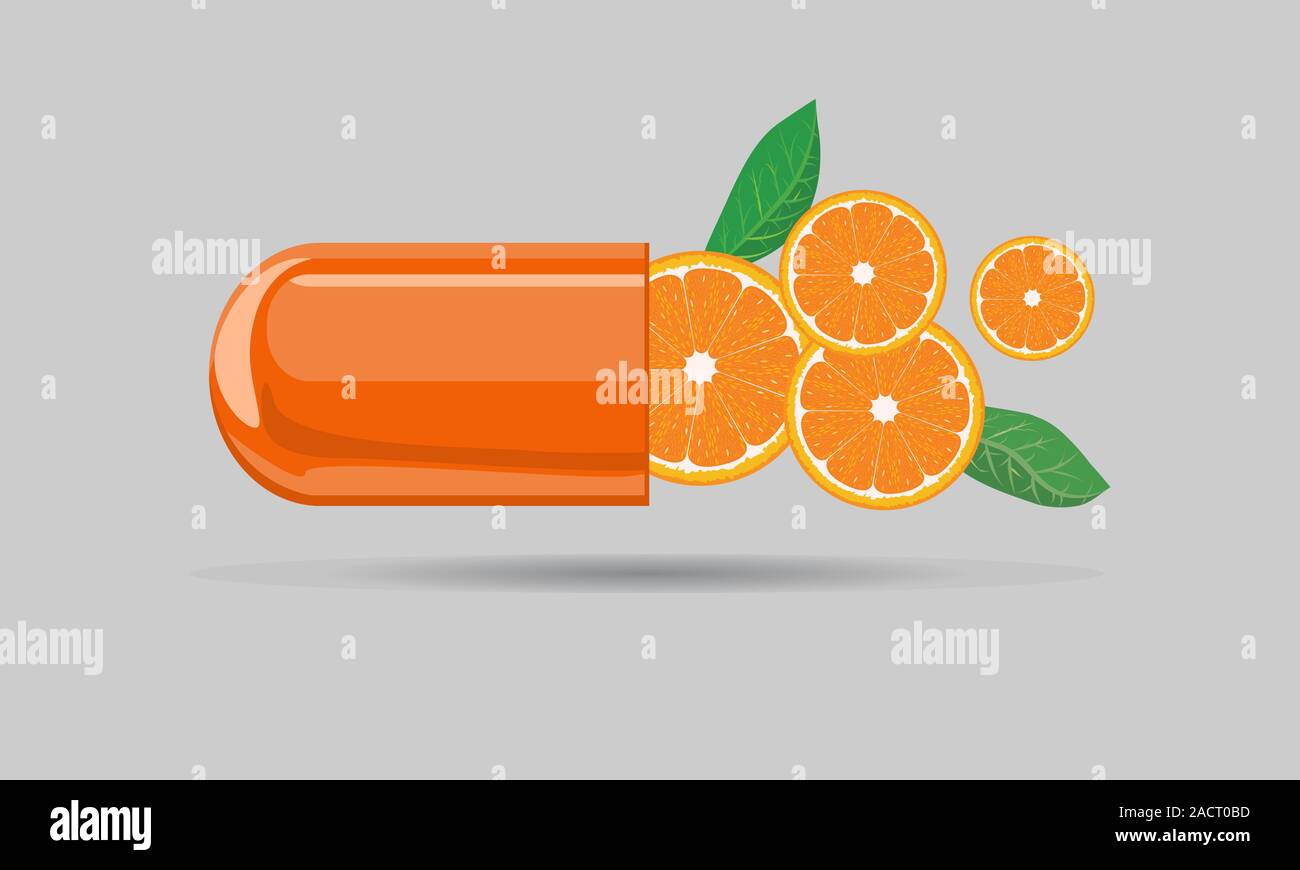 Capsule pill mock up with orange fruit and leaf for hand drawn cartoon ...