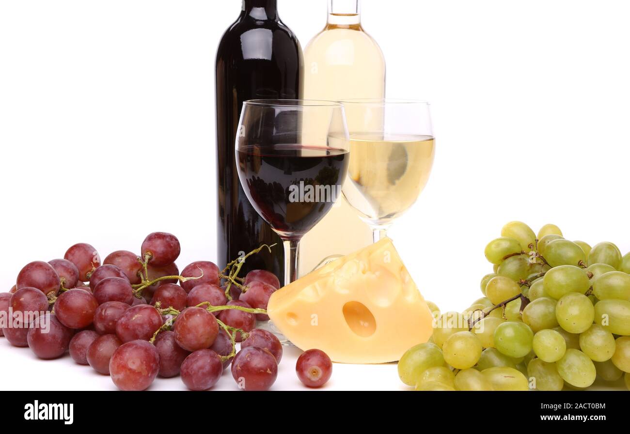 Cheese, grape, bottles and glasses of wine Stock Photo - Alamy