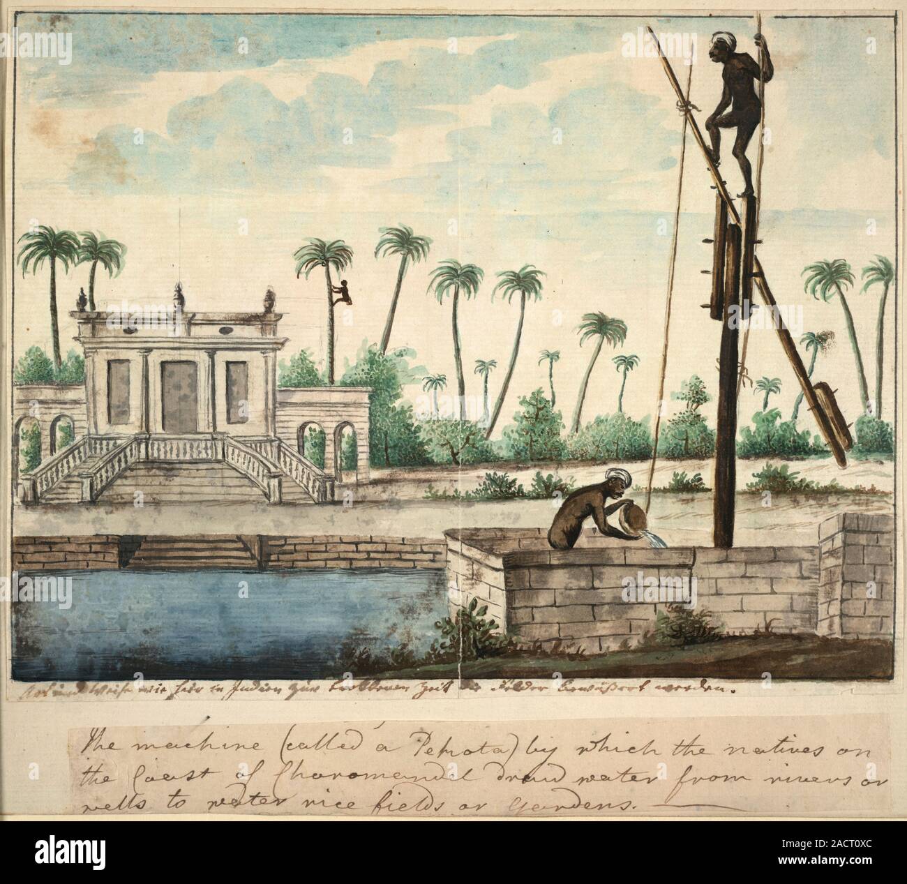 Irrigation in a colonial garden. In the foreground gardeners at a well ...