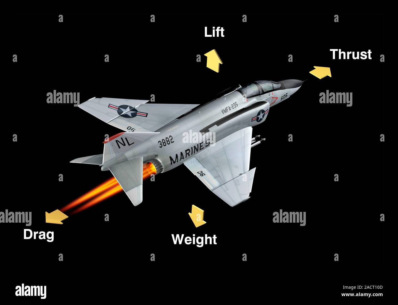 Aerodynamic forces in flight. Diagram showing the forces (arrows) that ...