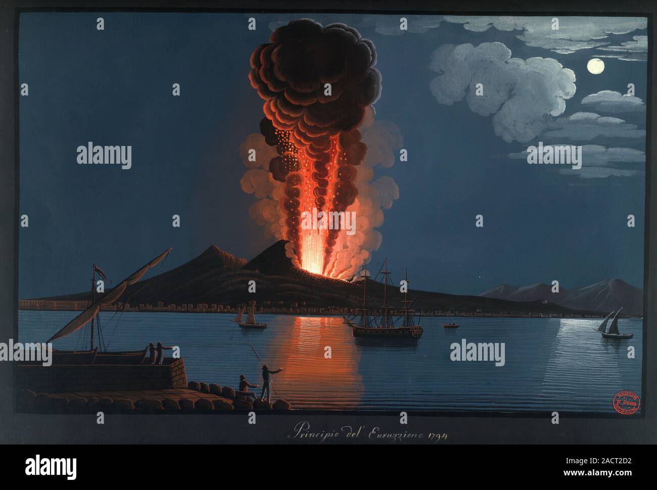 Night view as Mt. Vesuvius begins its terrible eruption in 1794. Image ...