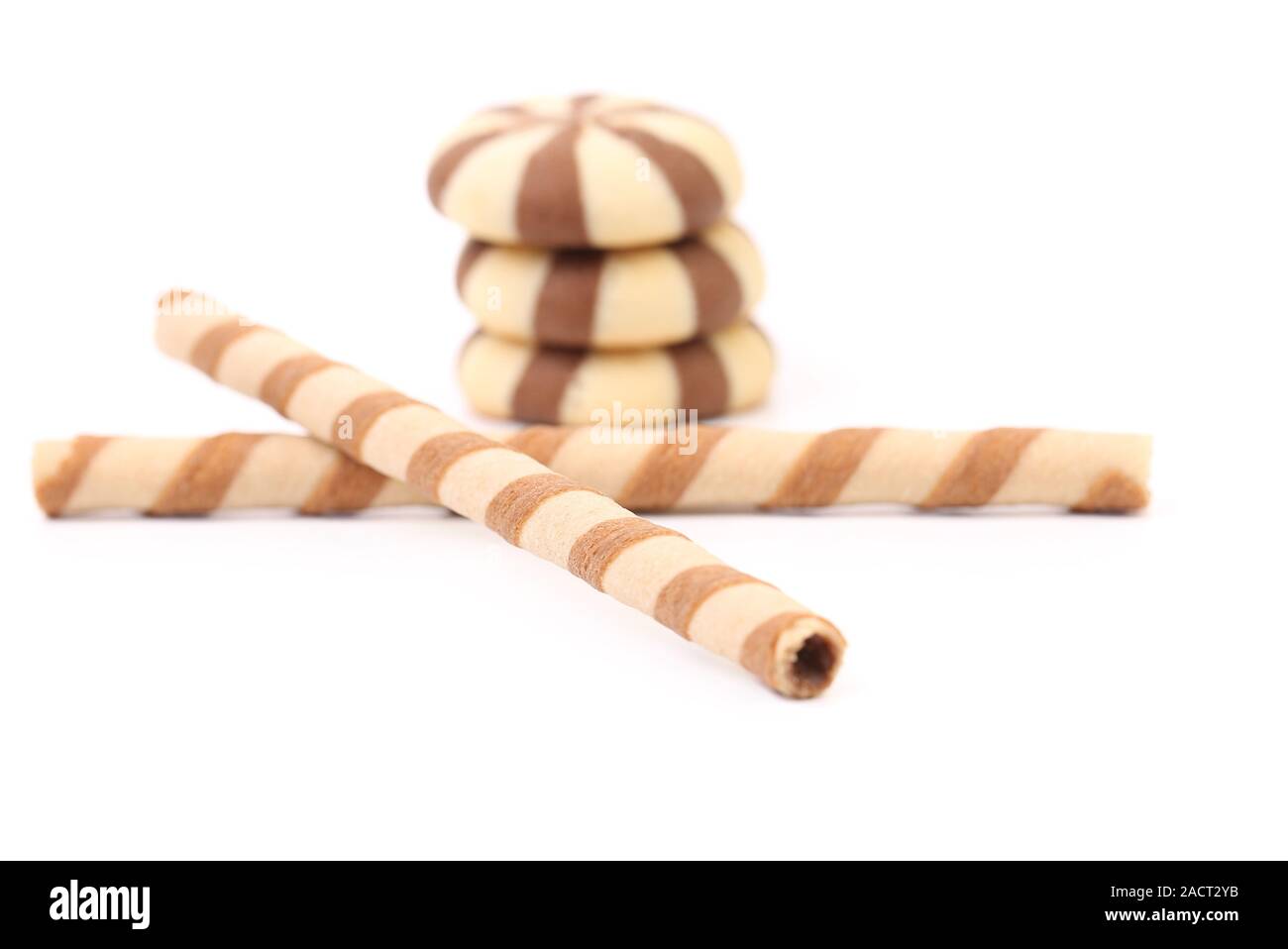 Chocolate striped wafer rolls and stake biscuits Stock Photo - Alamy