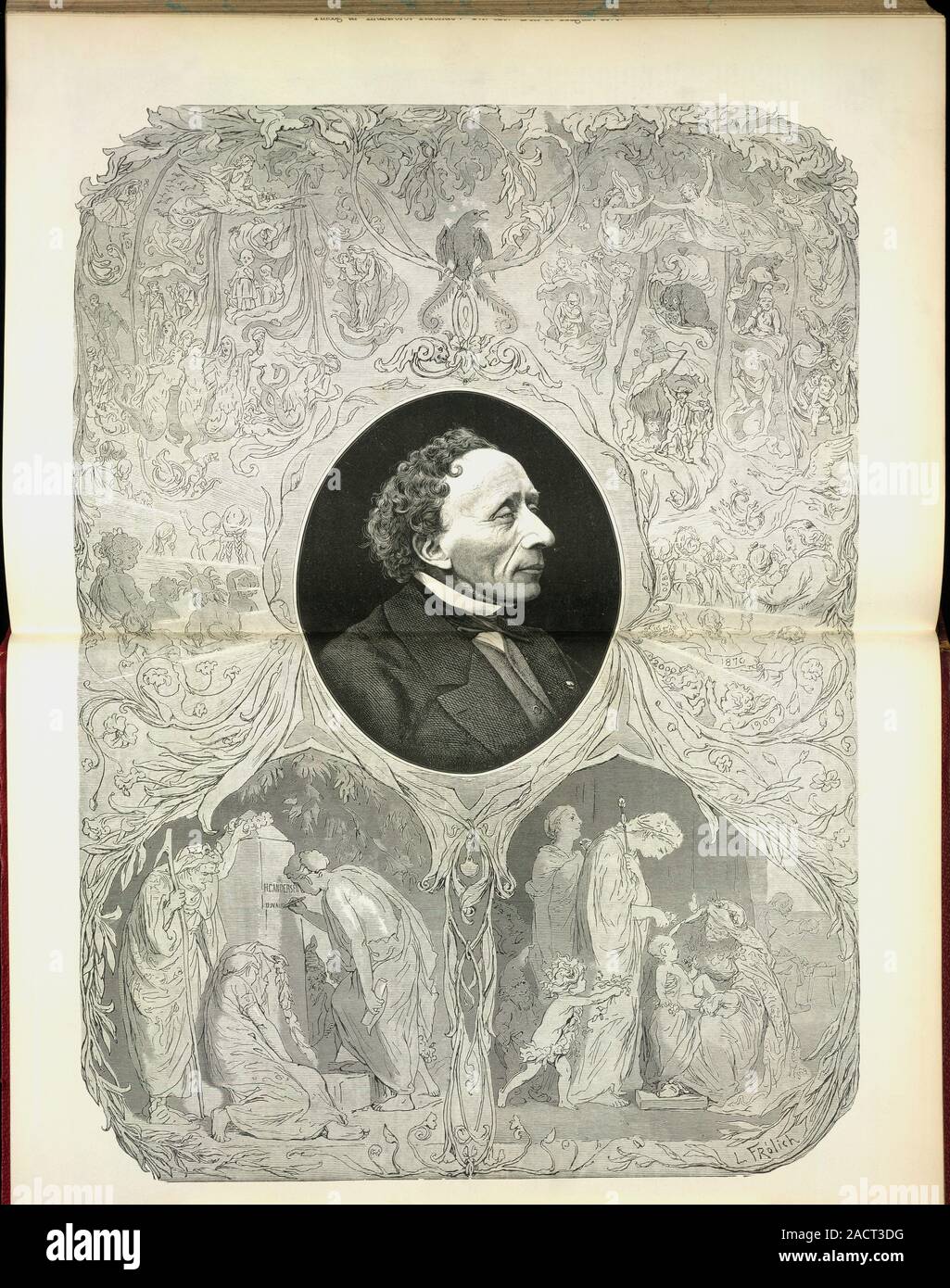 Hans Christian Andersen (1805-75). Danish writer. Portrait, surrounded ...