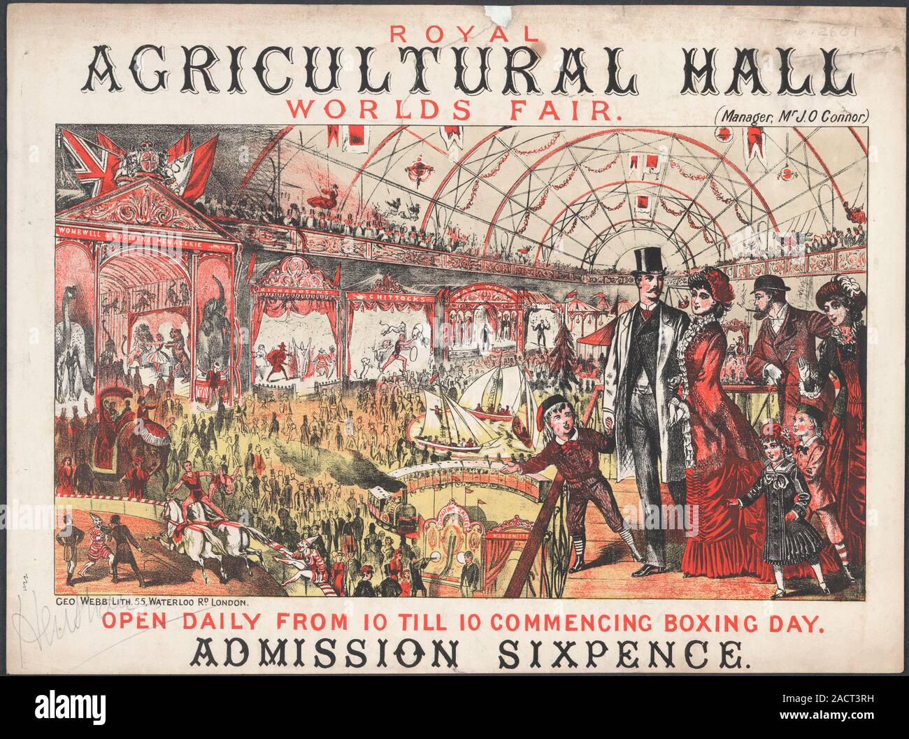 A poster for the Worlds Fair to be held at the Royal Agricultural Hall ...