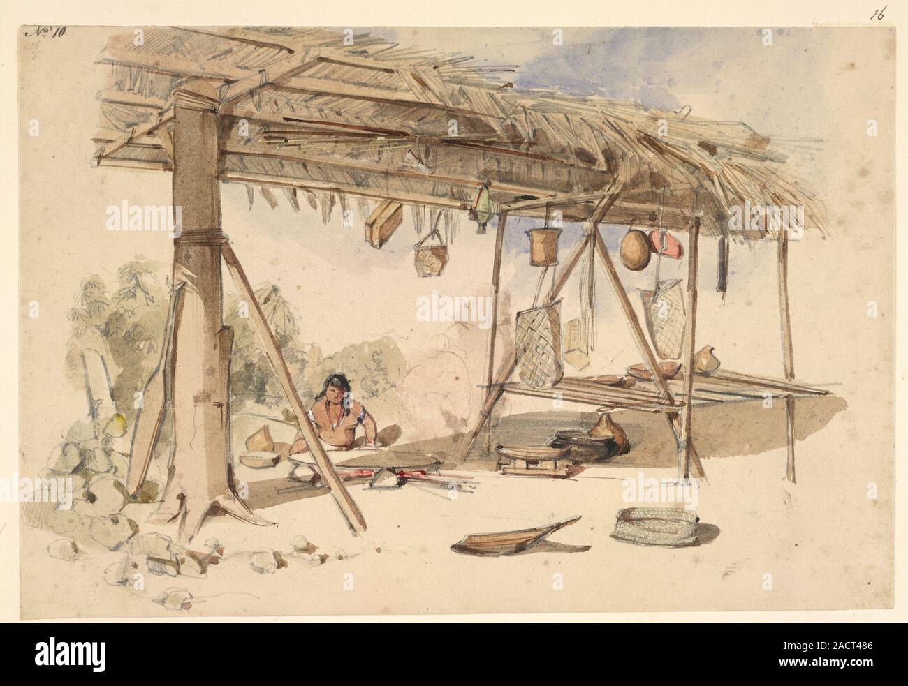 Indian cooking in his hut, Whole drawing Sketch of an open hut, with an ...