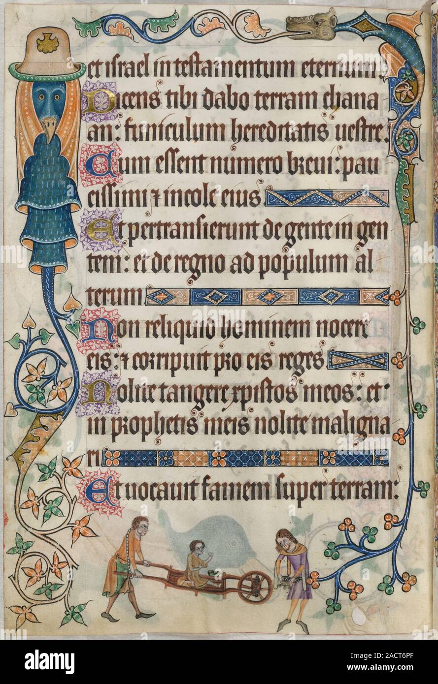 Cripple in wheelbarrow, Whole folio Psalm 104. Border decoration ...