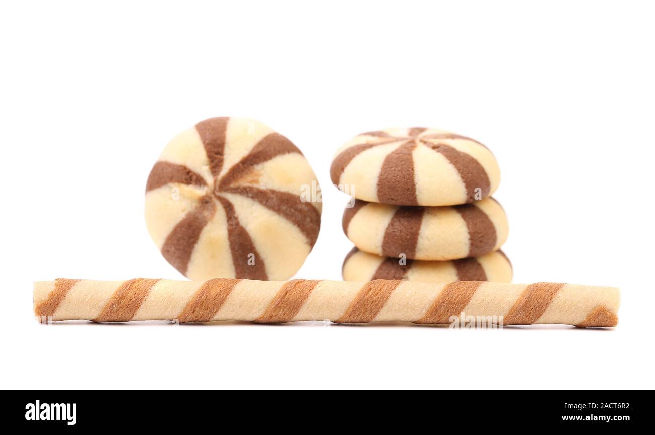 Striped chocolate wafer rolls and stake biscuits Stock Photo - Alamy