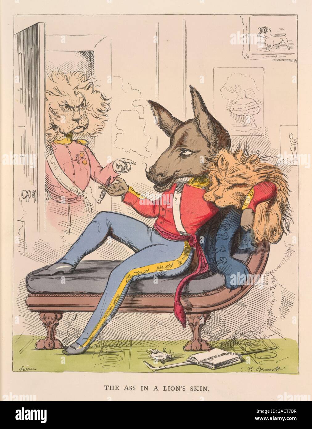 An ass obtains the skin of a lion to disguise himself. Image taken from The Fables of Aesop and ...