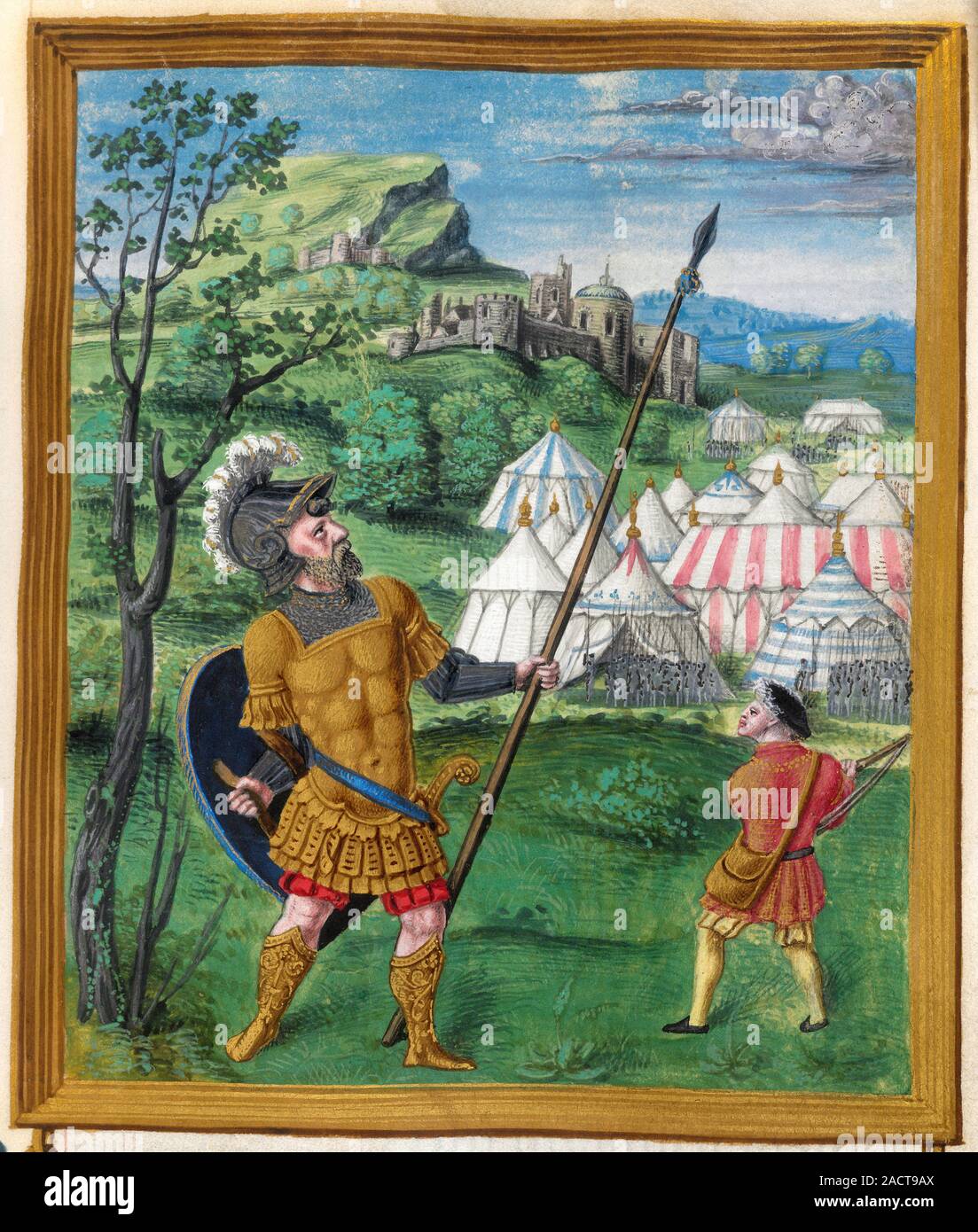 David and Goliath, Miniature only David with his sling, in combat with ...