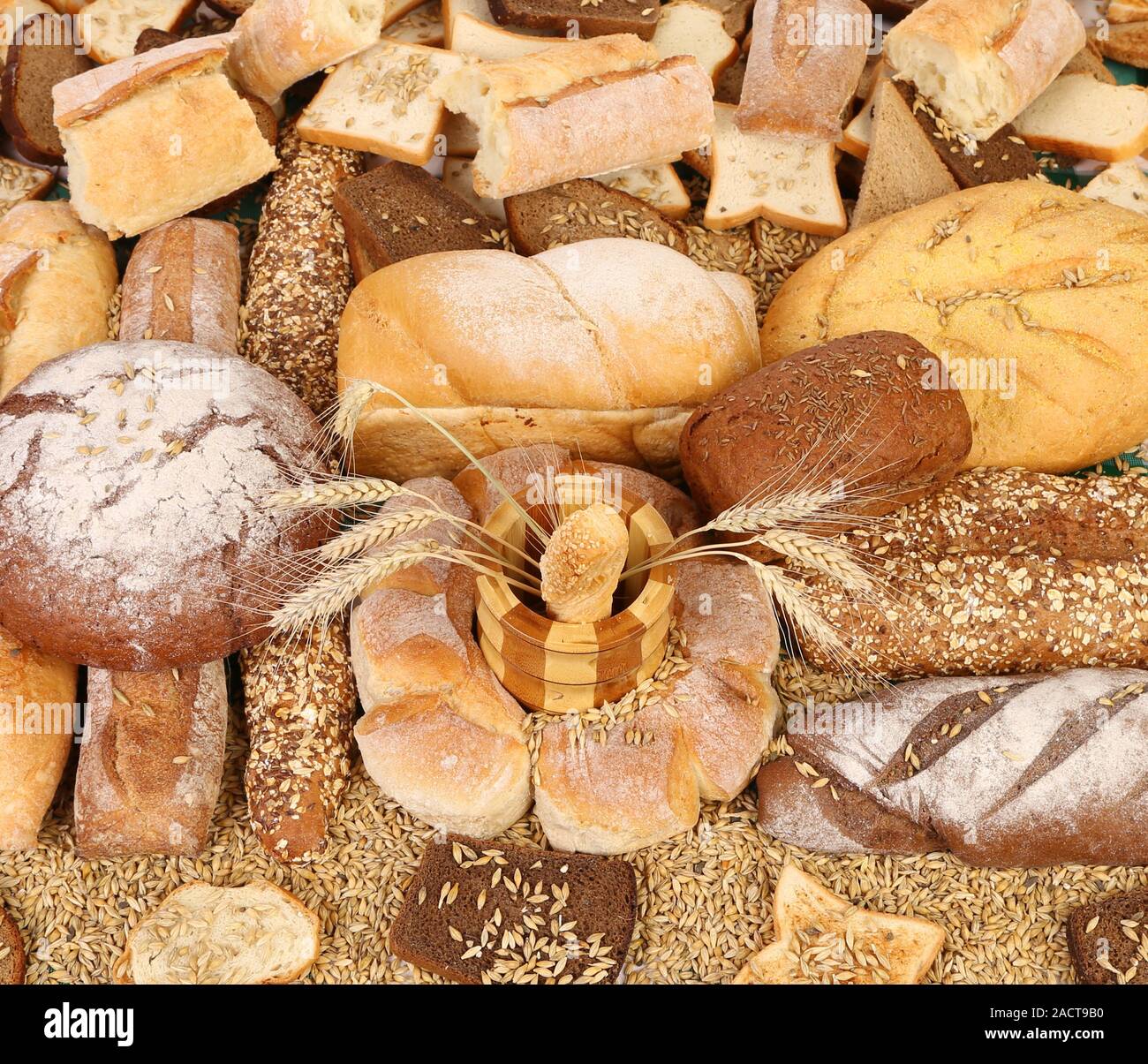 Composition of fresh bread, grain and wheat Stock Photo - Alamy
