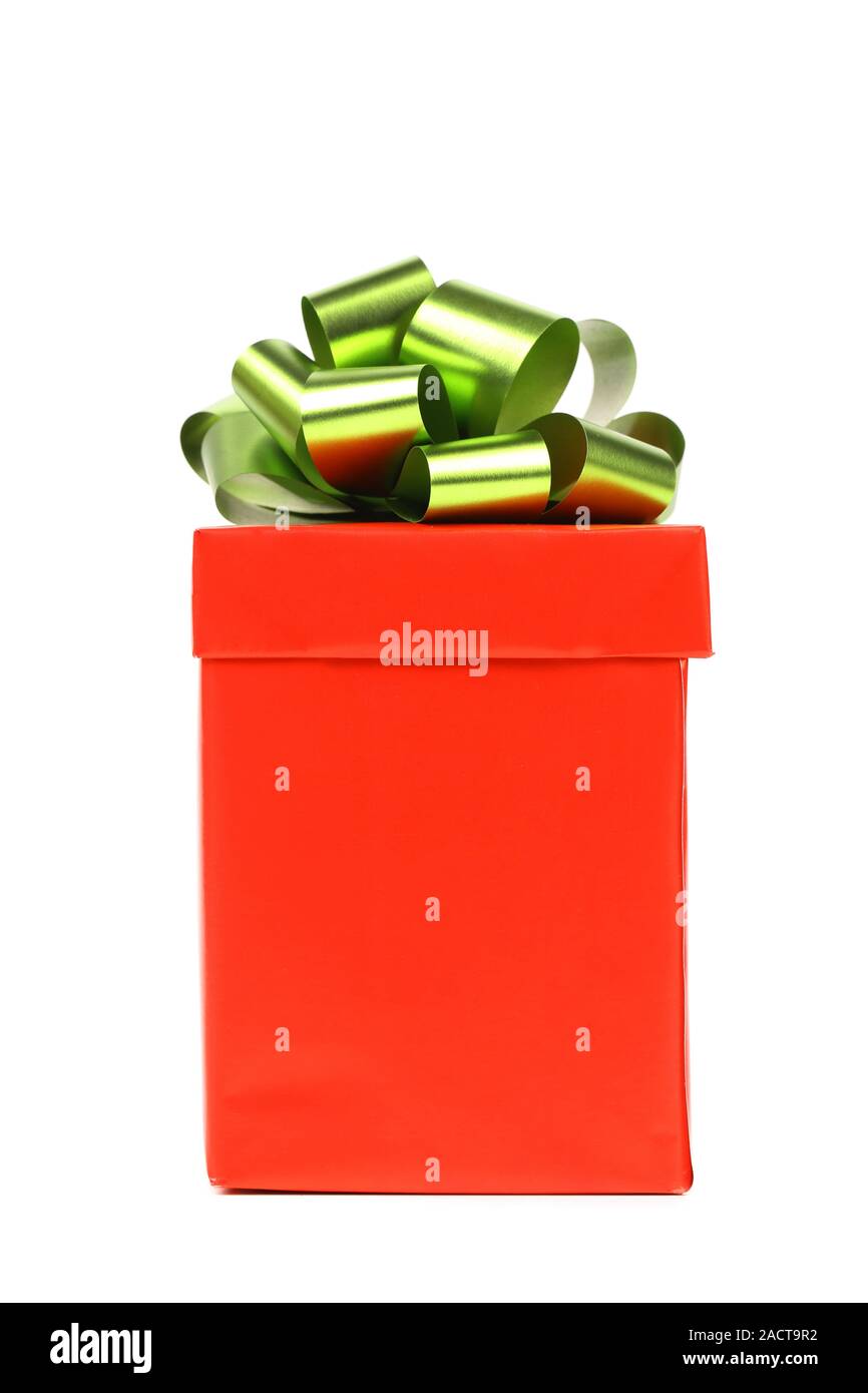 Red gift box with green-golden bow Stock Photo - Alamy