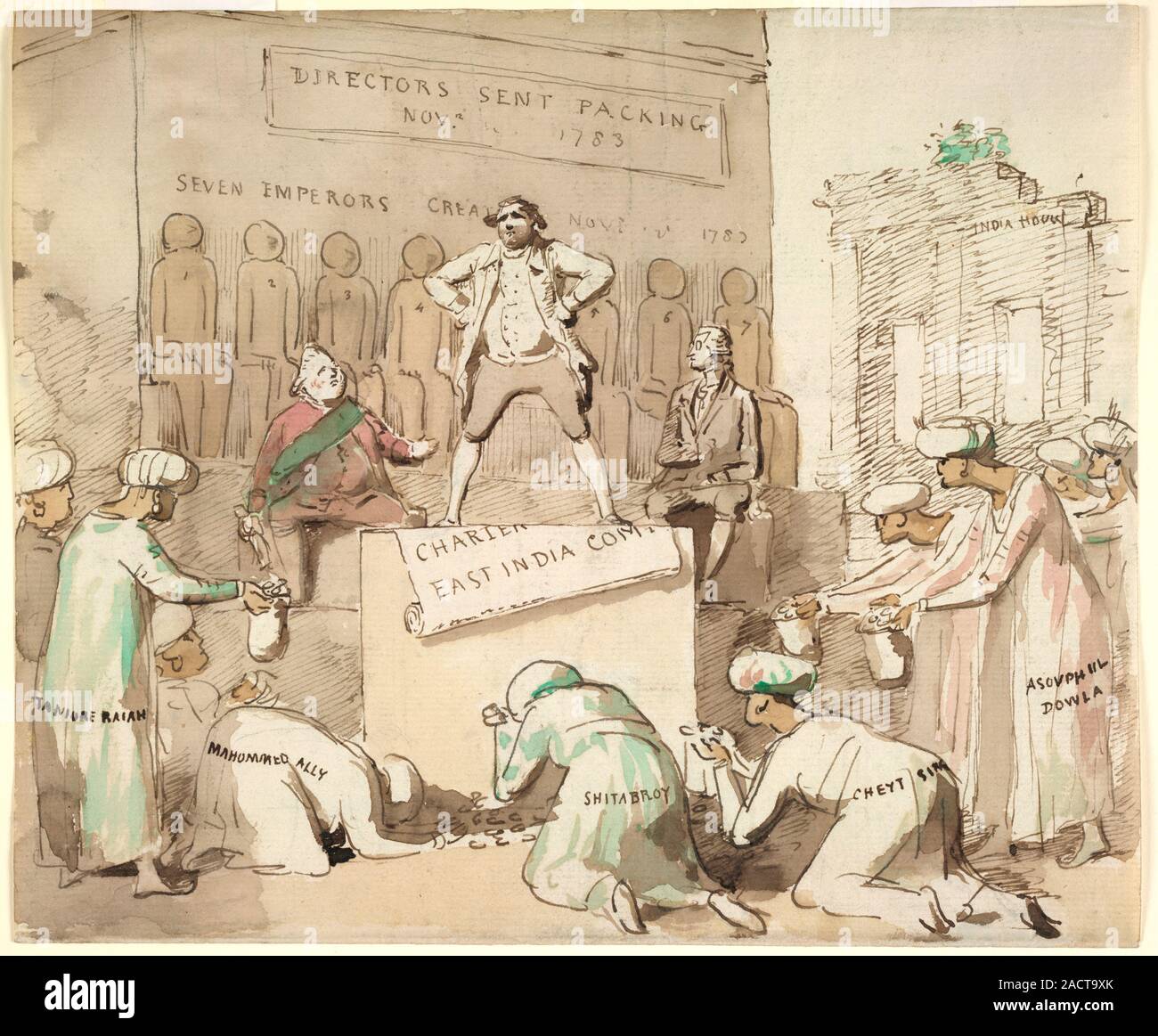 Offering gold to Charles James Fox, Caricature showing Tulsaji (Raja of ...