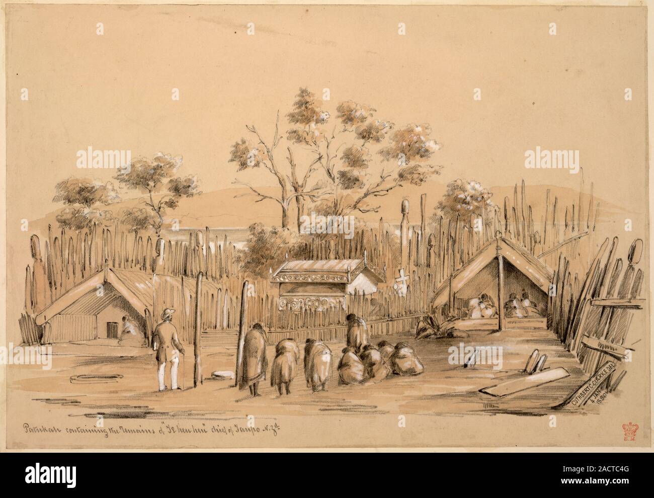 Patukah of the Chief of Taupo, Drawing no.42 View of Maoris before the ...
