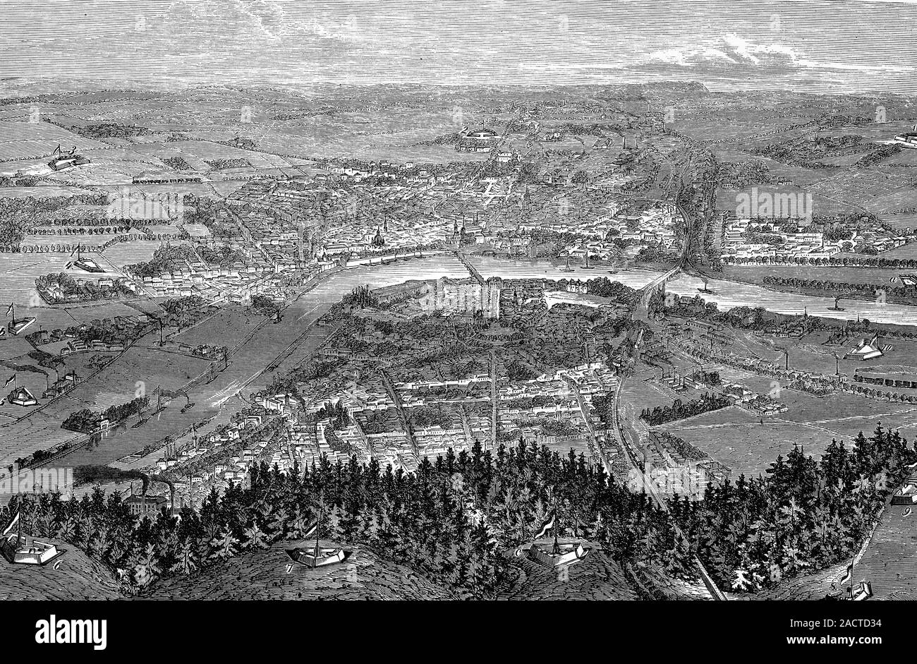 Dresden, Germany. 1869 engraving of an aerial view over Dresden ...