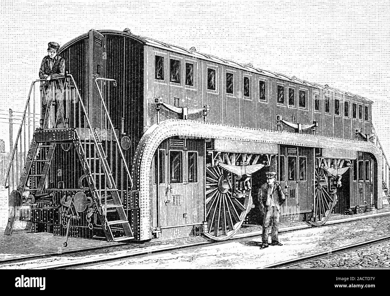 19th Century double-decker train carriage. 1885 engraving of double ...