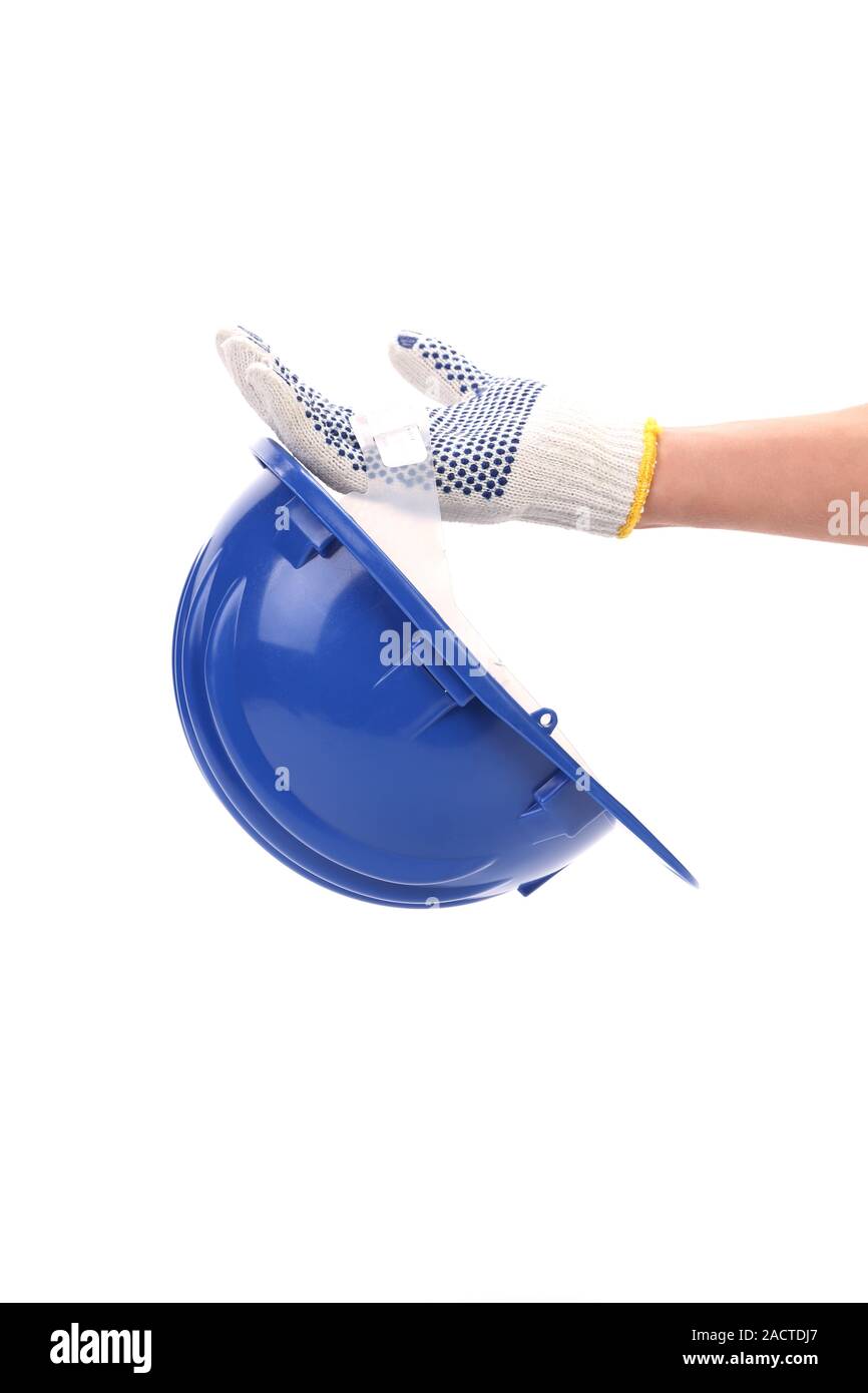 Hand holds blue hard hat Stock Photo - Alamy