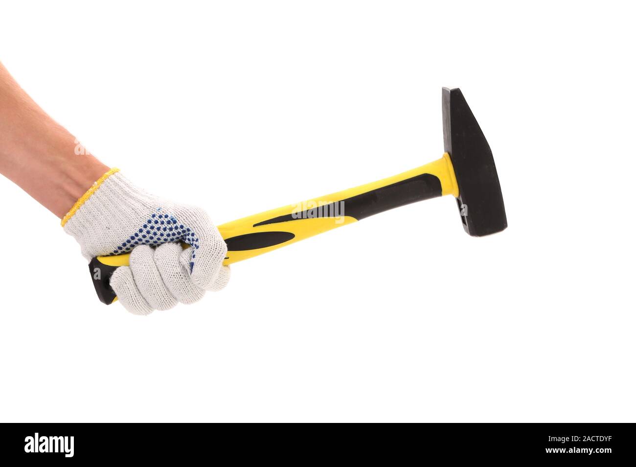 Hand with protection glove holding hammer Stock Photo - Alamy