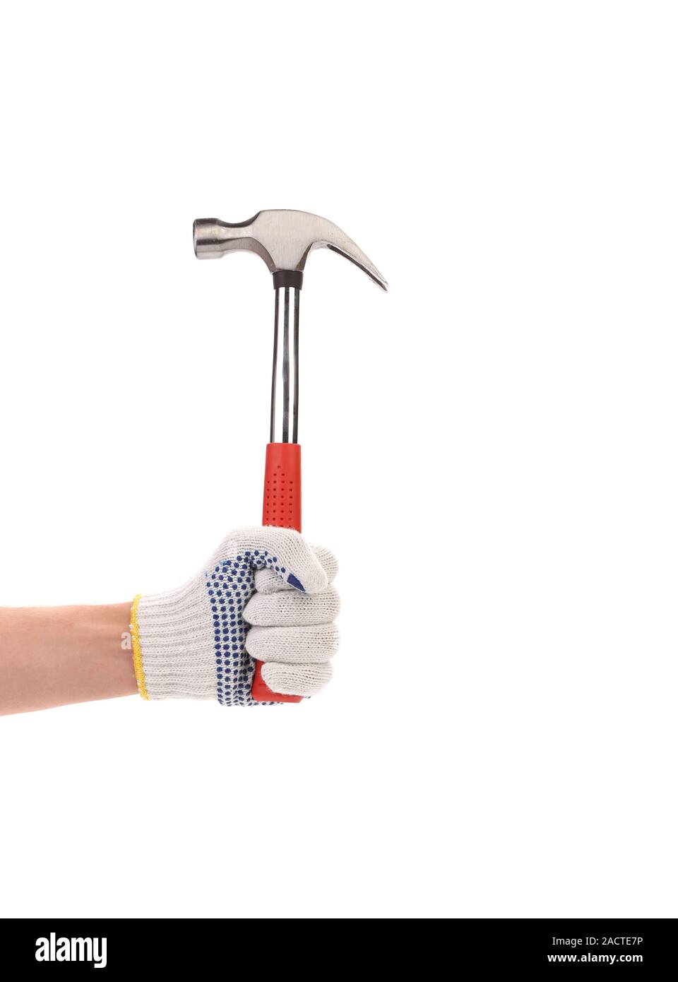 Hand with protection glove holding hammer Stock Photo - Alamy